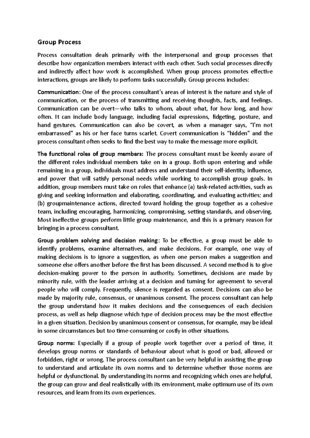 Group Process - Group Process Process consultation deals primarily with ...