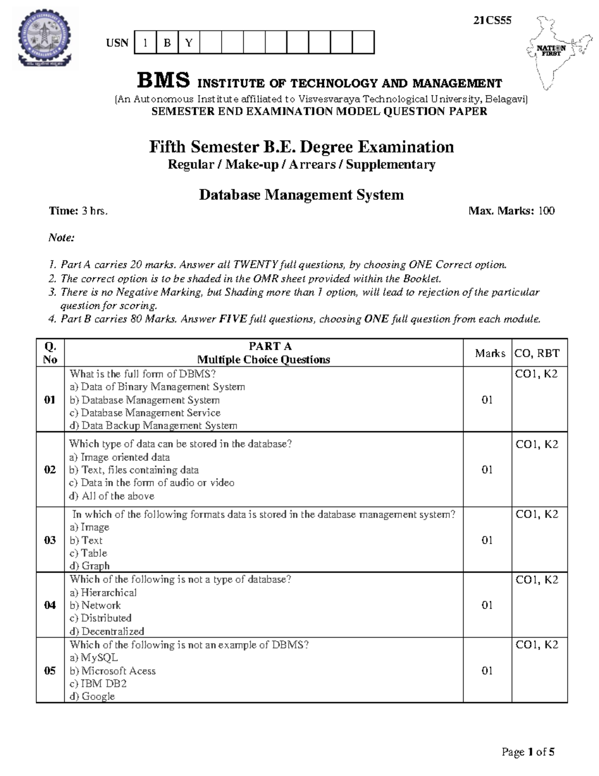 21CS55 Model Question Paper - BMS INSTITUTE OF TECHNOLOGY AND ...