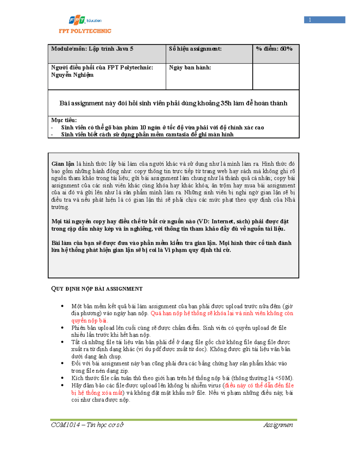 COM1014 Tin Hoc Co So Assignment - 1 COM1014 – Tin học cơ sở Assignmen t Module/môn: Lập trình ...