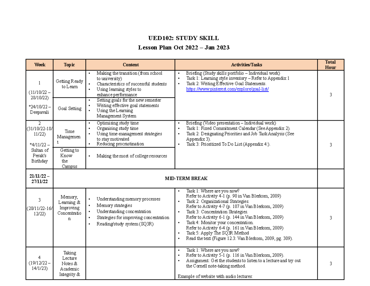 Lesson Plan UED102 OCT22-JAN23 - UED102: STUDY SKILL Lesson Plan Oct ...