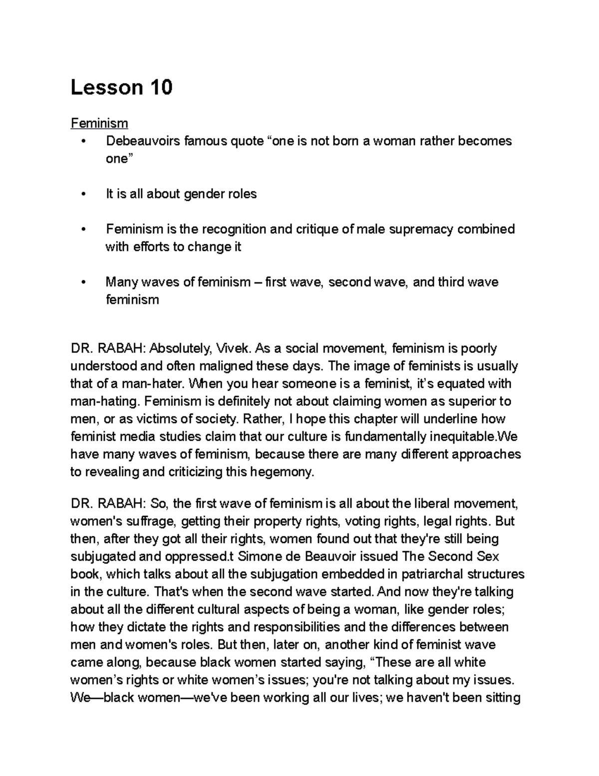 EDUC 307 Lesson 10 - LECTURE NOTES - Lesson 10 Feminism - Debeauvoirs ...