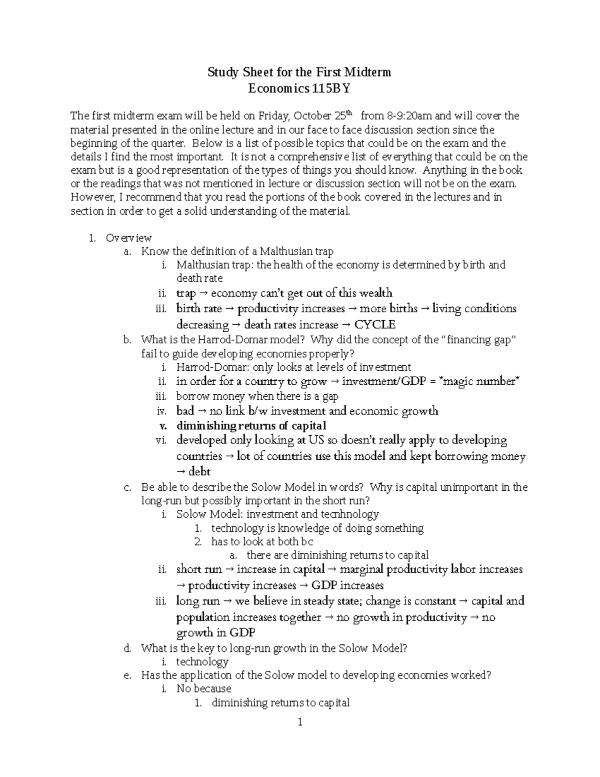 Midterm 1 Study Guide Sheet - Study Sheet for the First Midterm ...
