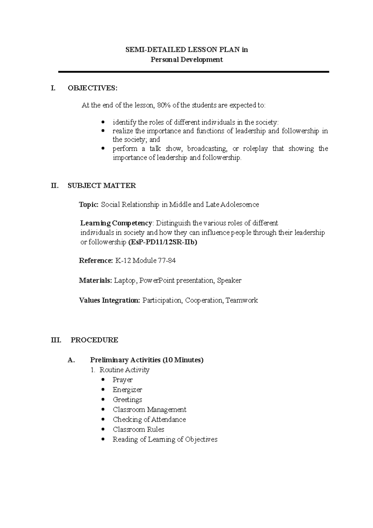 Lesson plan 4 - useful - SEMI-DETAILED LESSON PLAN in Personal ...