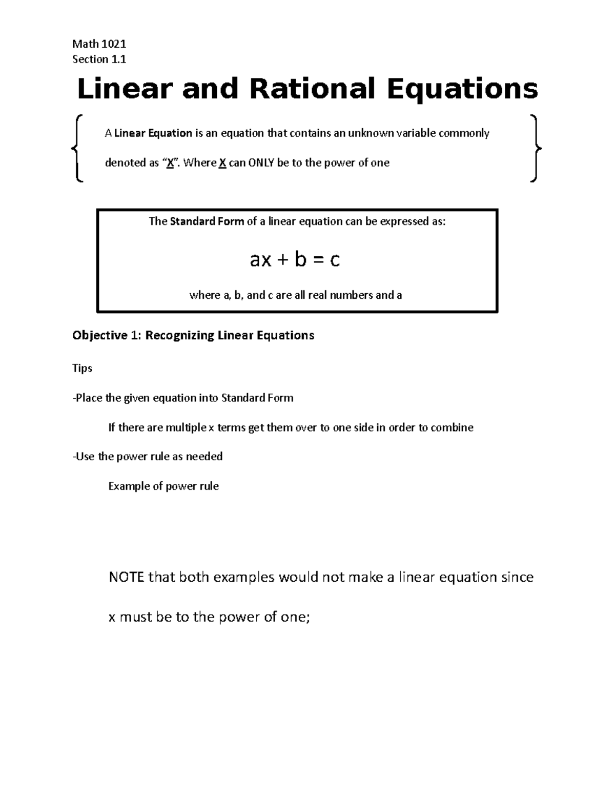 Math 1021 section 1.1 notes - Section 1. Linear and Rational Equations ...