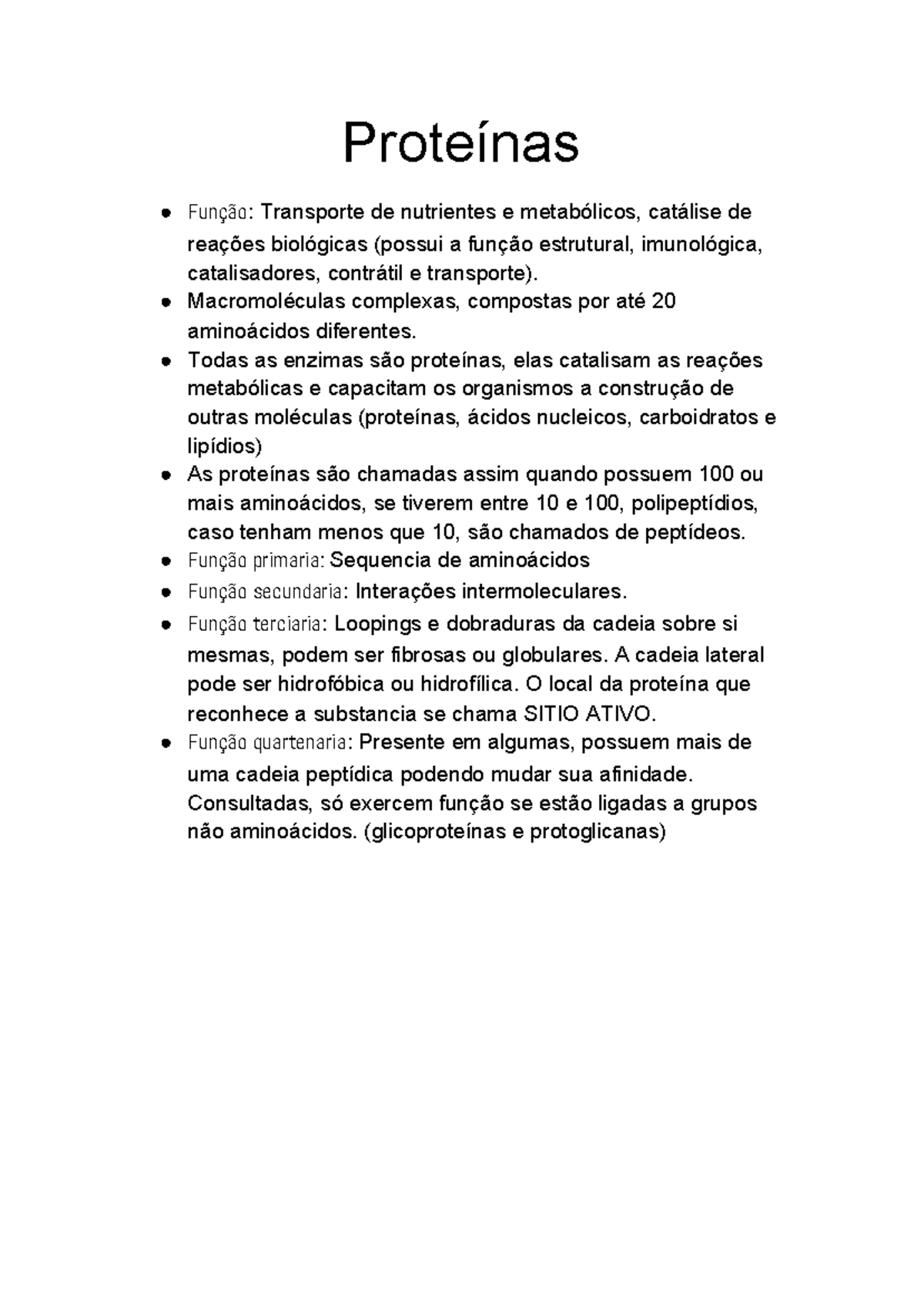 Proteínas - Resumo sobre proteinas. - Proteínas Função : Transporte de ...