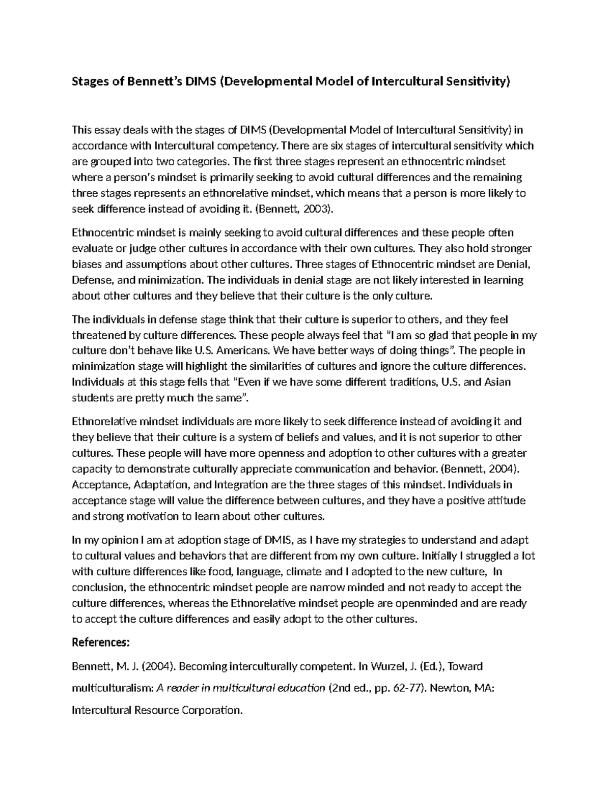 ILC 2150 WEEK 6 - mba - Stages of Bennett’s DIMS (Developmental Model ...