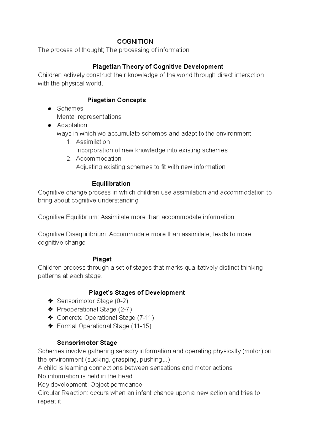 Cognition- Piagetian Theory - COGNITION The process of thought; The ...