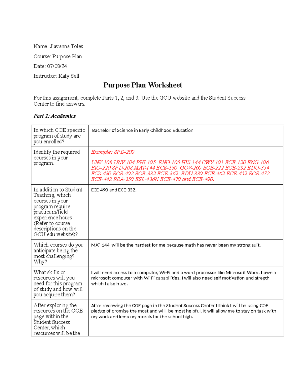 UNV 108 T4 Purpose Plan Gen Ed - Name: Jiavanna Toles Course: Purpose ...