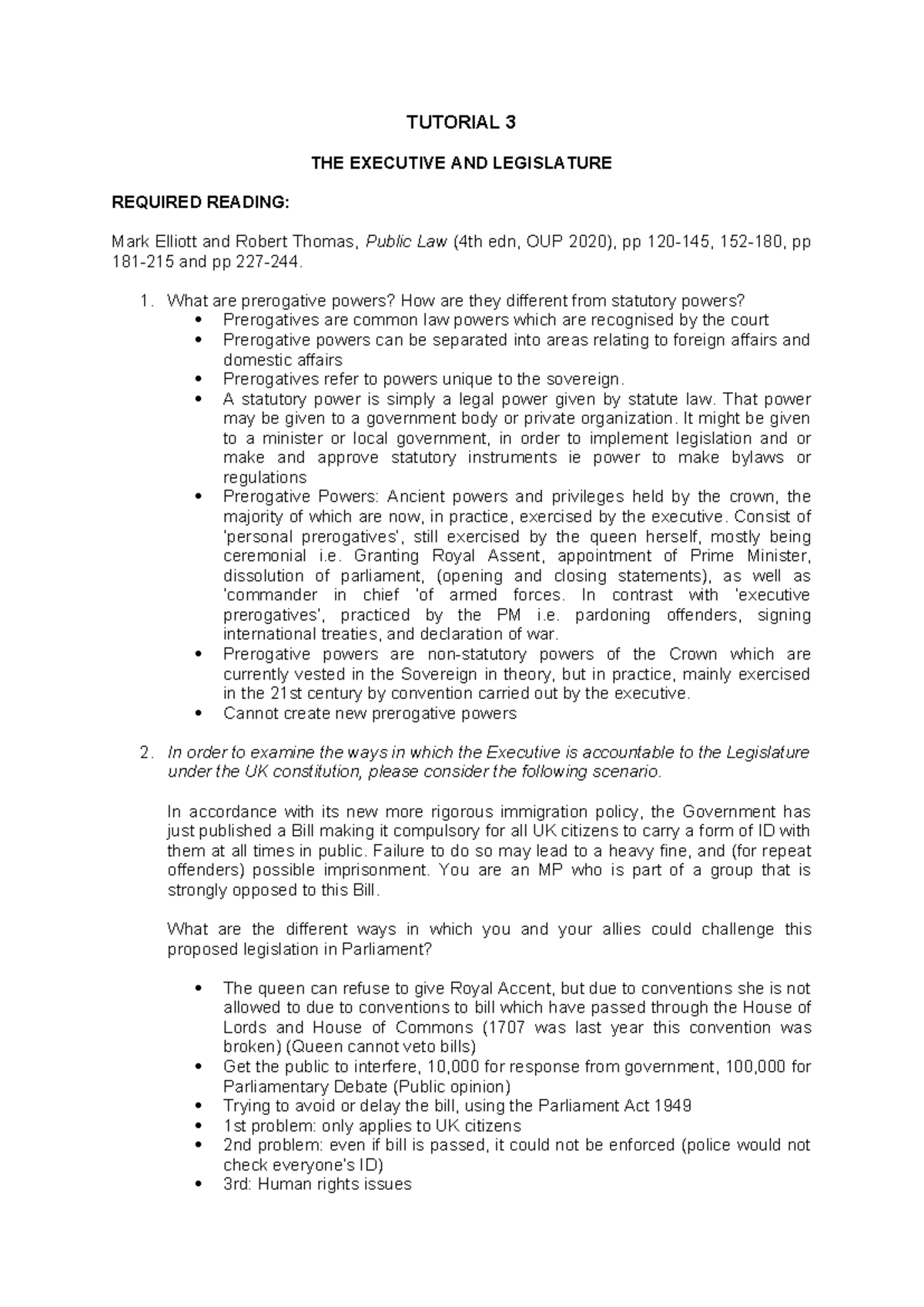 LW1120 Tutorial 3 - TUTORIAL 3 THE EXECUTIVE AND LEGISLATURE REQUIRED READING: Mark Elliott and ...