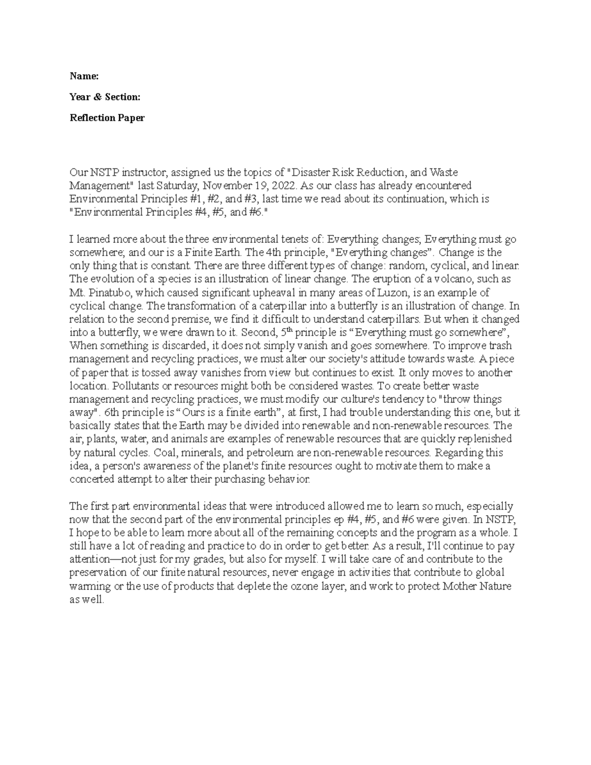 Environmental principles 4 5 6 - Name: Year & Section: Reflection Paper ...
