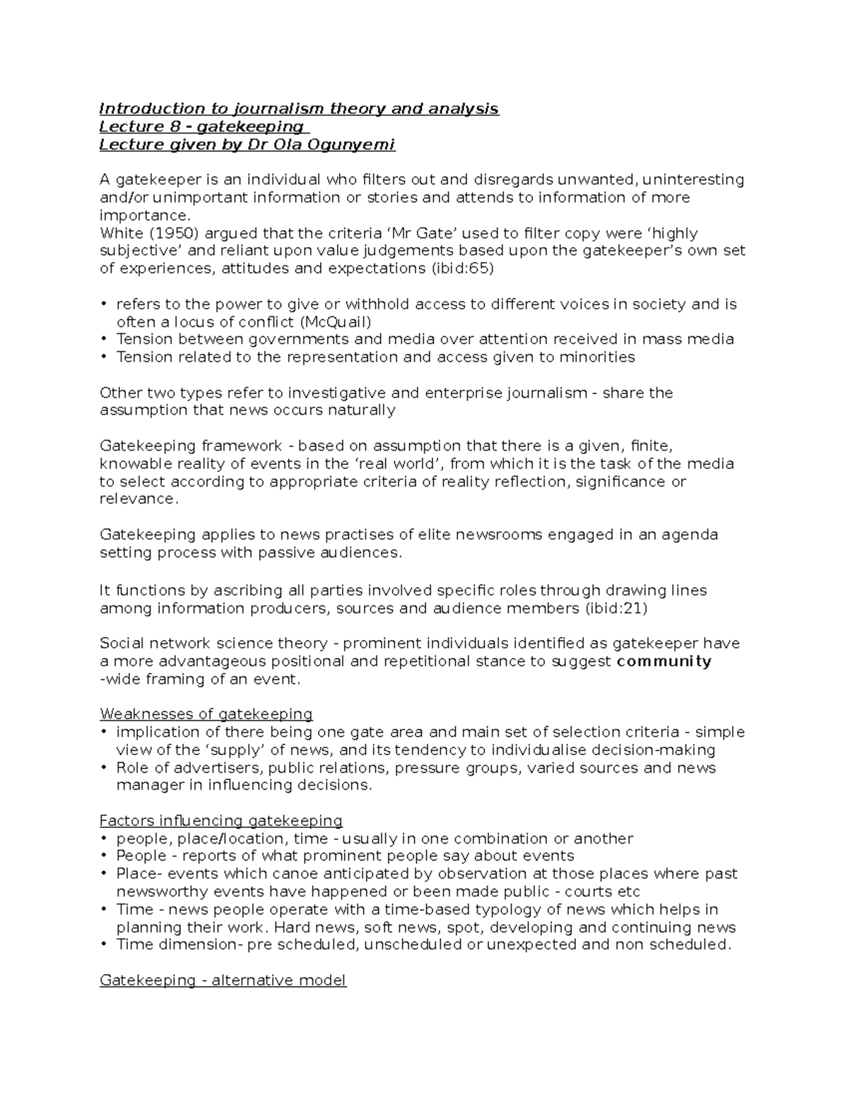 Gatekeeping lecture notes - Introduction to journalism theory and ...