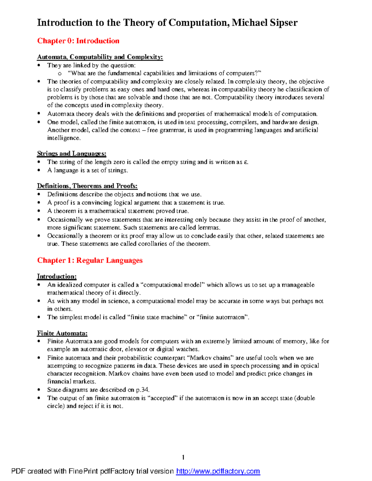 Summary Introduction To The Theory Of Computation Michael Sipser 1