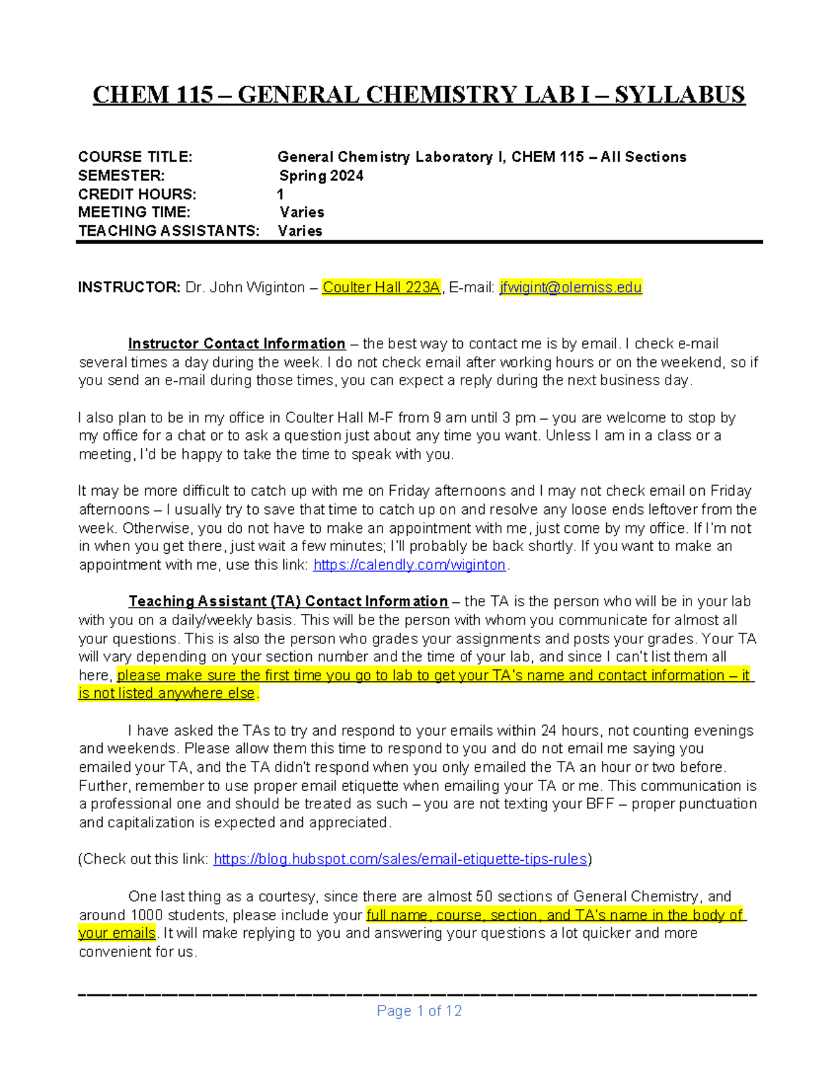 CHEM 115 Syllabus, Spring 2024, 1-23-2024 - CHEM 115 – GENERAL CHEMISTRY LAB I – SYLLABUS COURSE ...