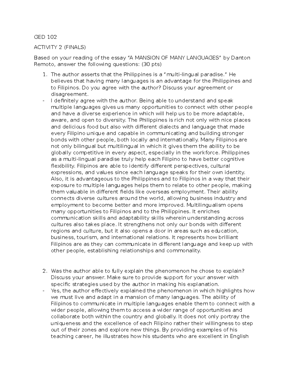 GED 102 Task Finals - ged 102 practice materials - GED 102 ACTIVITY 2 (FINALS) Based on your ...