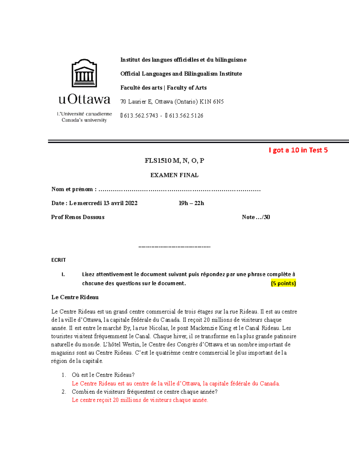Examen final FLS1510 - FLS1651 - uOttawa - Studocu