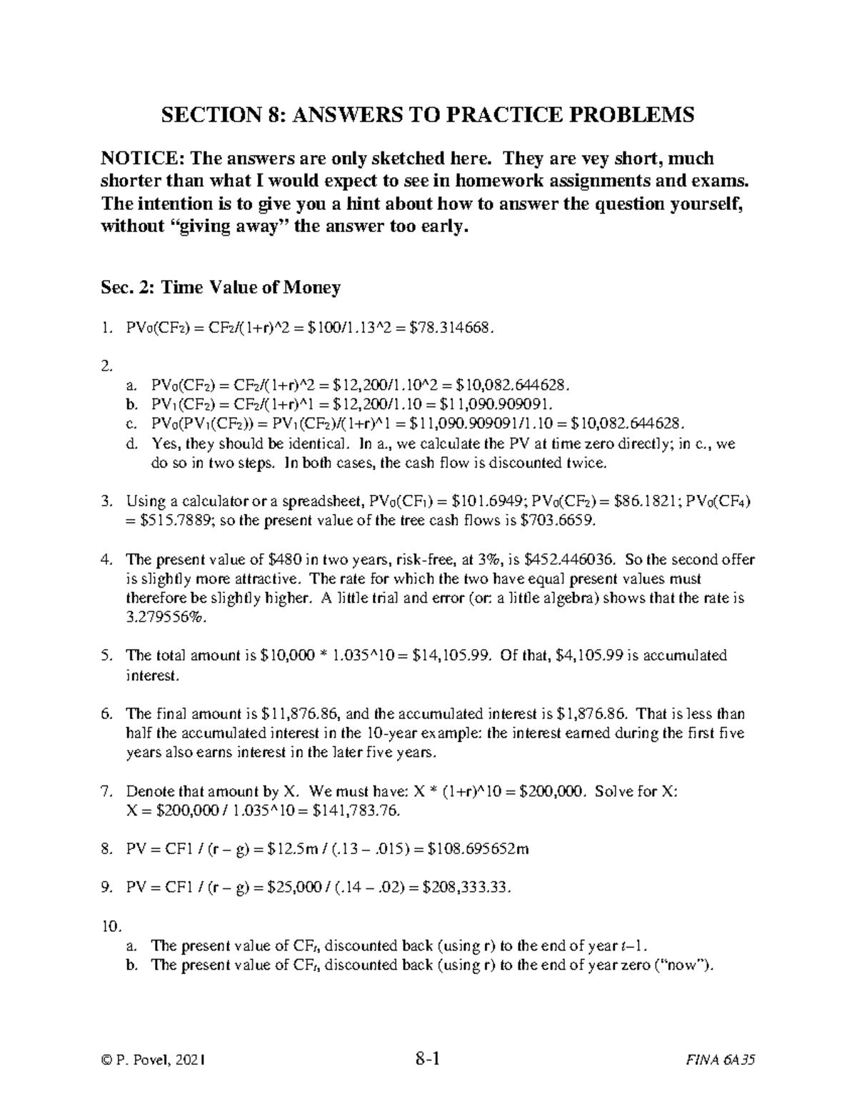08 Practice Problem Answers - © P. Povel, 2021 8-1 FINA 6A SECTION 8 ...
