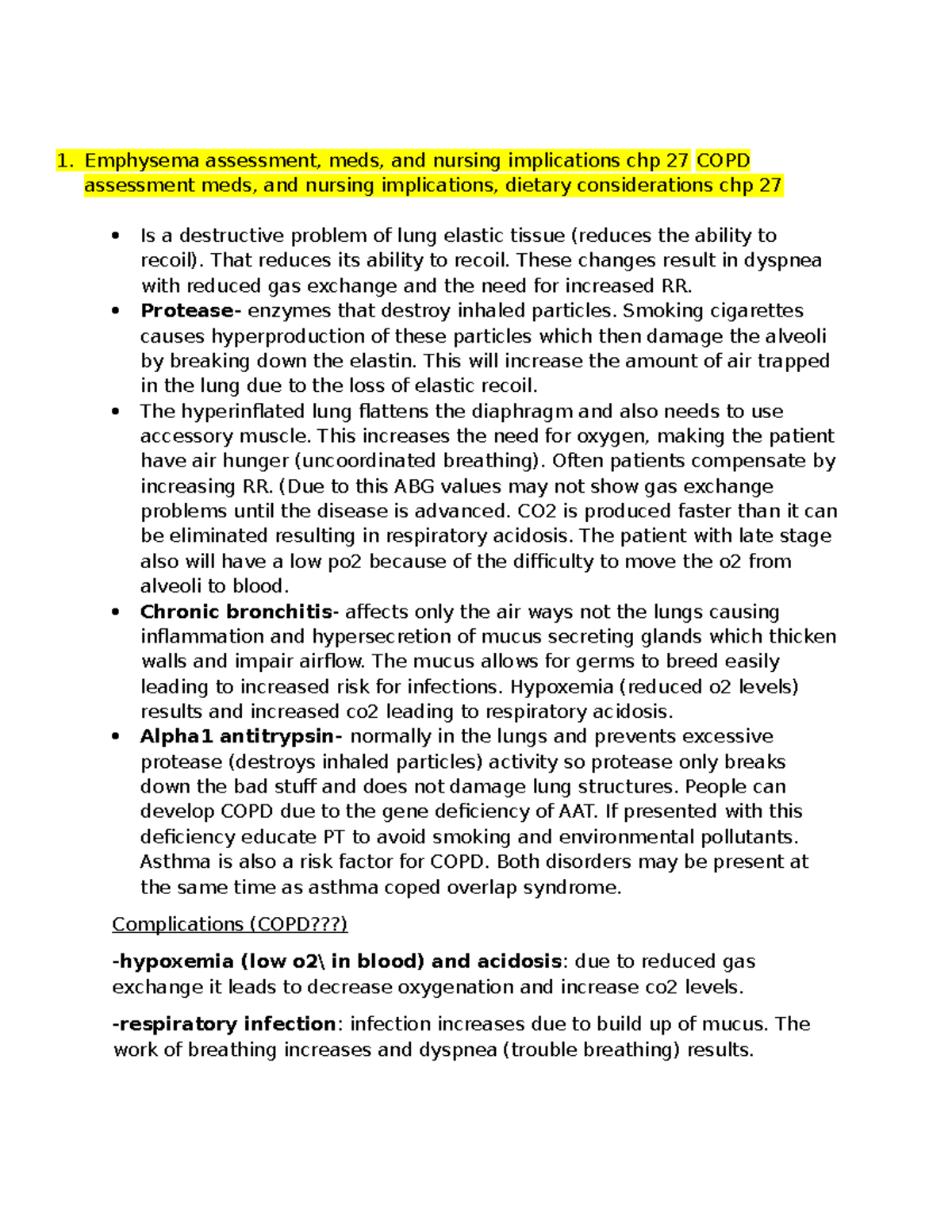 Complex health exam 2 chp 26,27,29 - Emphysema assessment, meds, and ...