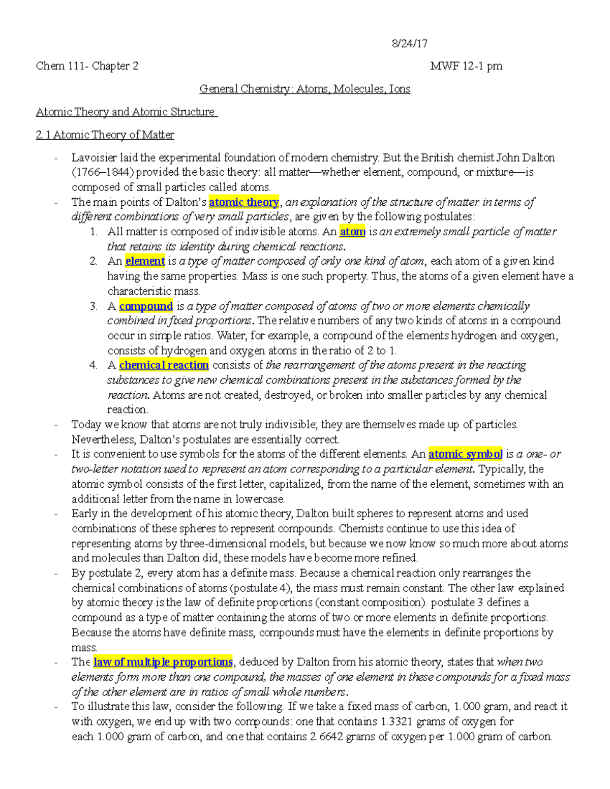 Chem 111 Ch 2 Atoms, Molecules, and Ions - Chem Chapter 2 MWF pm ...