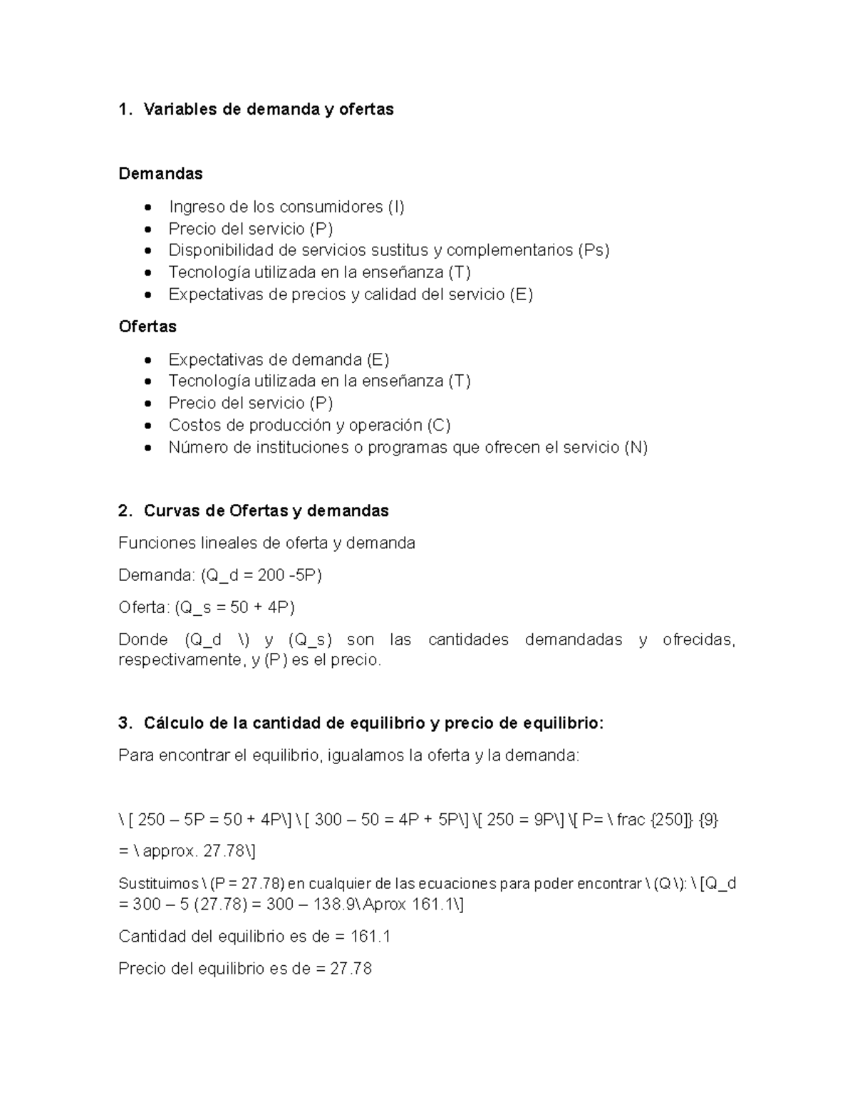Ejercicio proyección oferta y demanda - Variables de demanda y ofertas ...