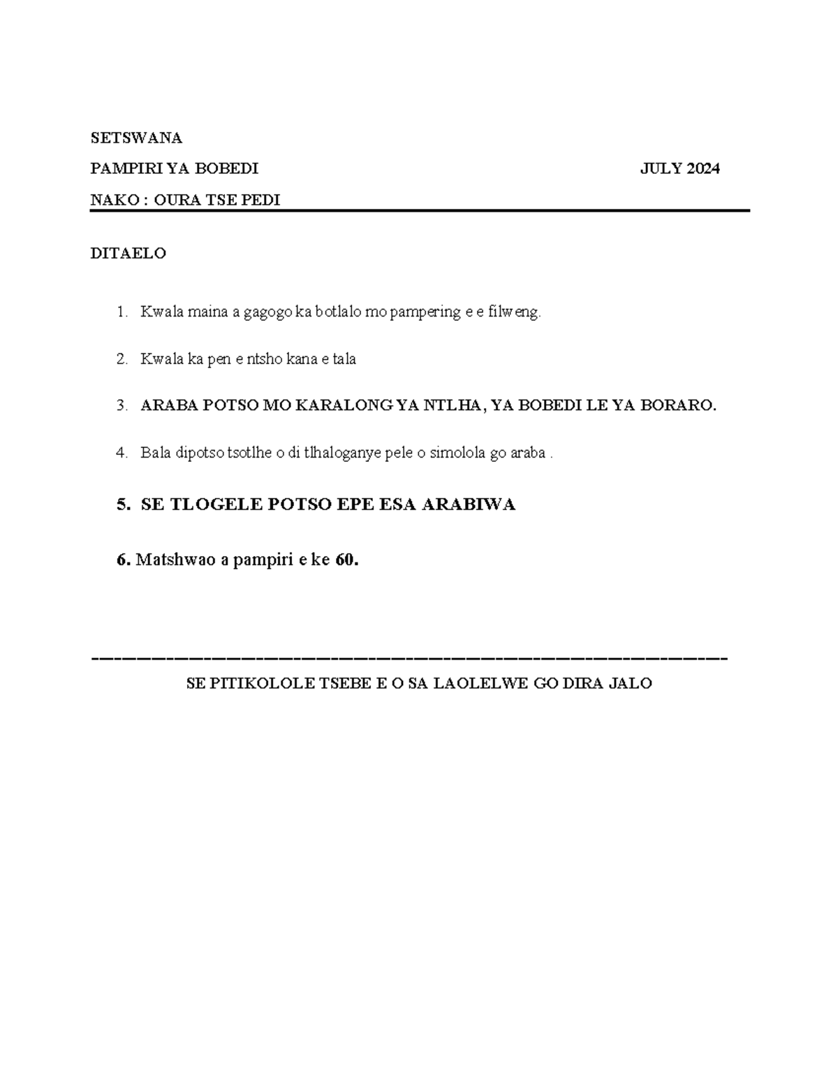 Bgcse Setswana Paper 2 - SETSWANA PAMPIRI YA BOBEDI JULY 2024 NAKO ...