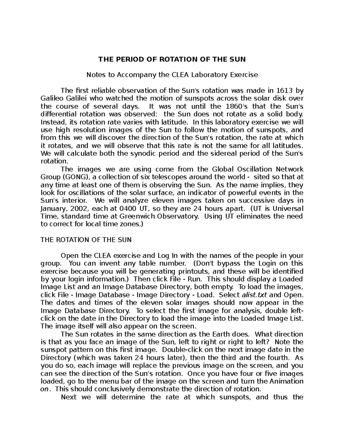 Solar Rotation - astronomy - THE PERIOD OF ROTATION OF THE SUN Notes to ...