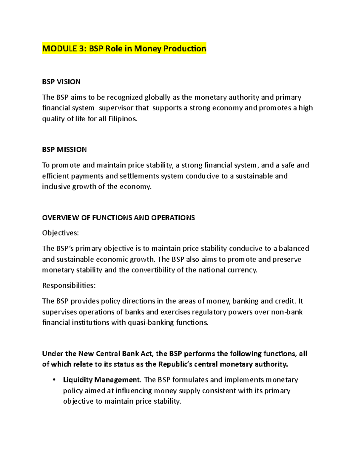 Module 3 BSP - BSP MISSION - MODULE 3: BSP Role in Money Production BSP ...