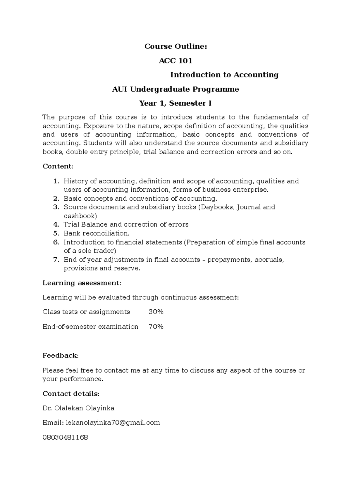 Course Outline-ACC 101 - Course Outline: ACC 101 Introduction to ...