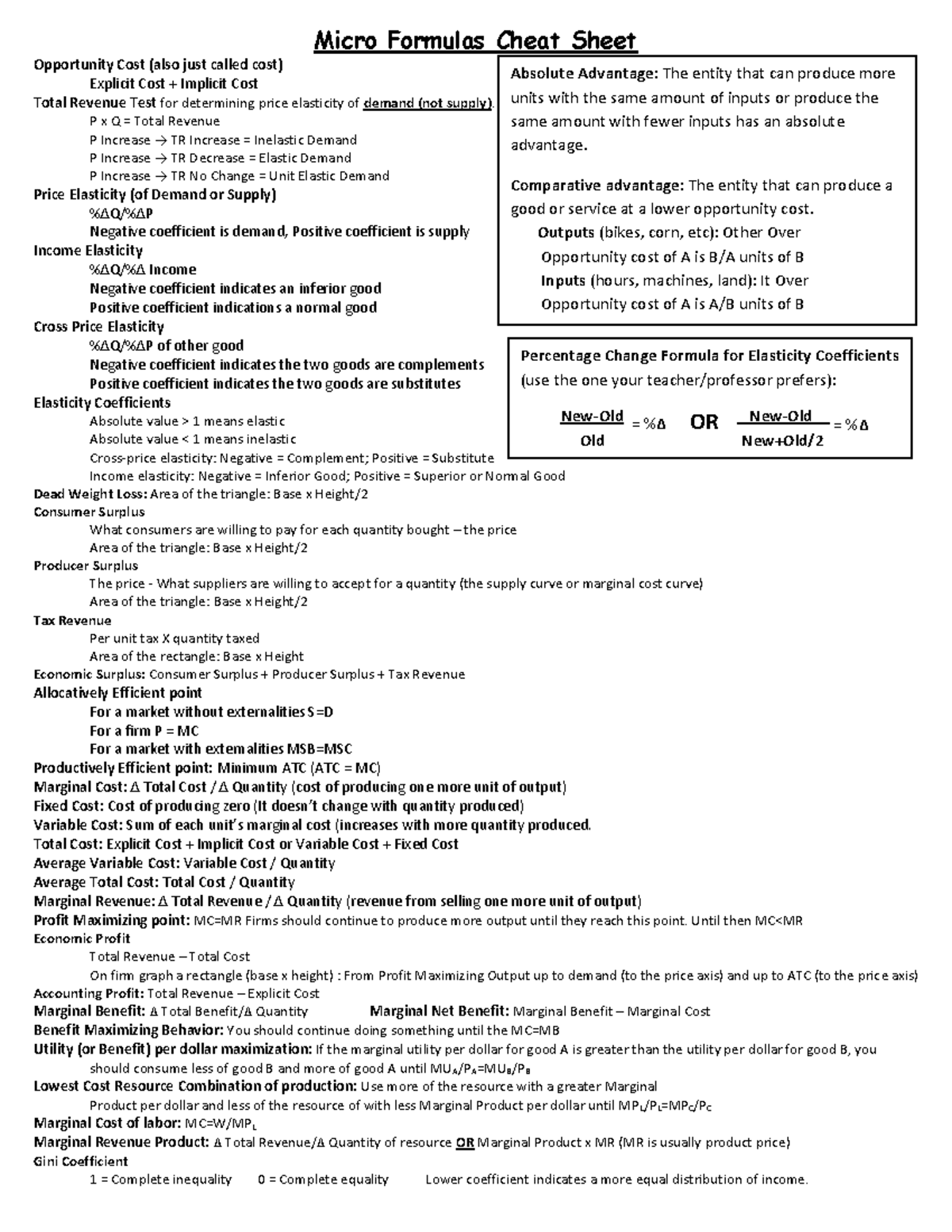 Micro formuals - Micro Formulas Cheat Sheet Opportunity Cost (also just ...