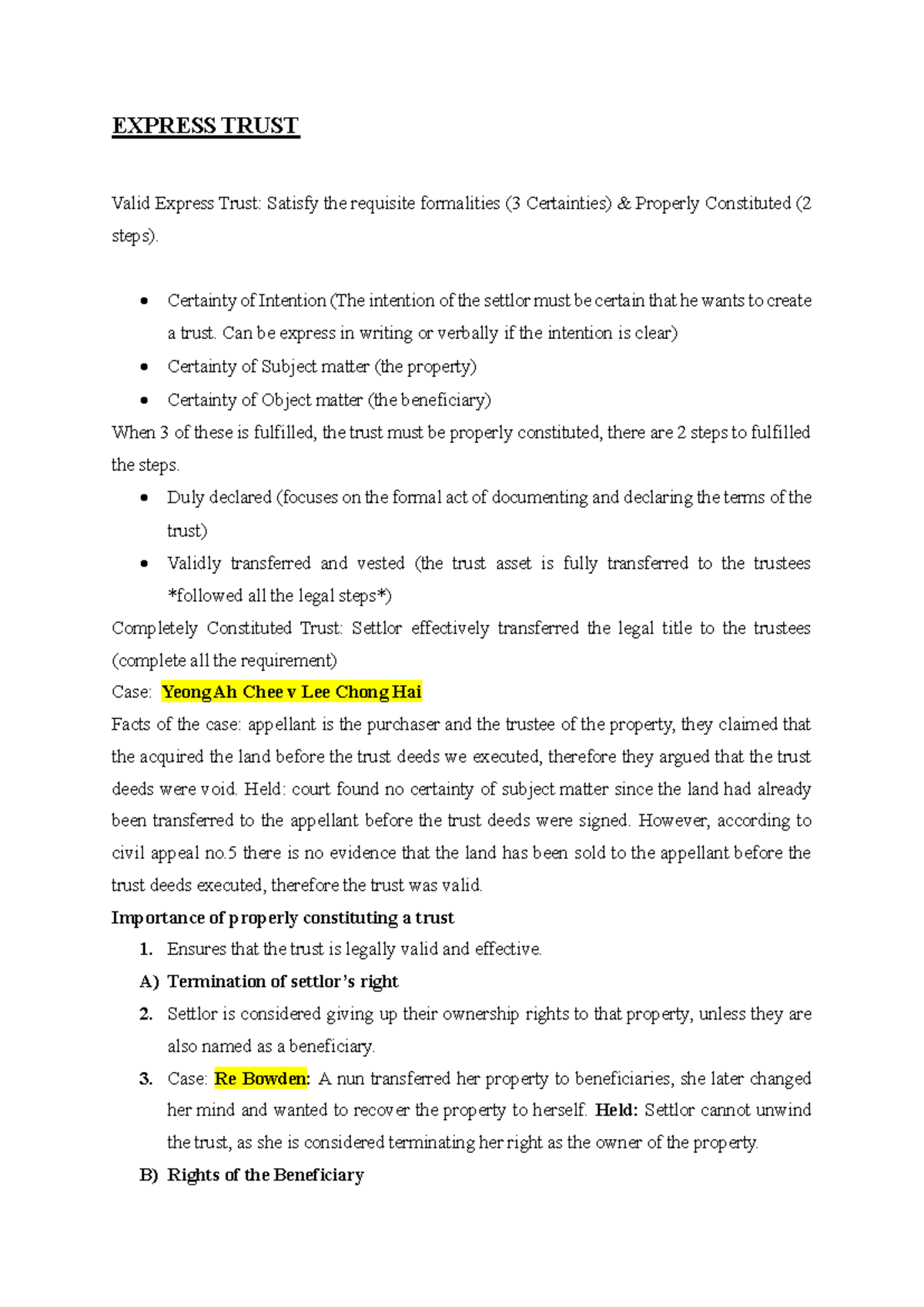 Express Trust - Certainty of Intention (The intention of the settlor must be certain that he ...