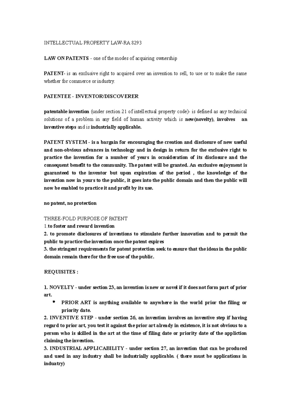 IP law - Lecture notes or summary of the Intellectual property law ...