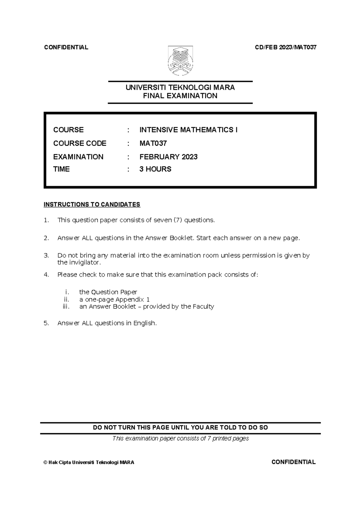 MAT037 FEB 2023 exam ( Paper ) - UNIVERSITI TEKNOLOGI MARA FINAL ...