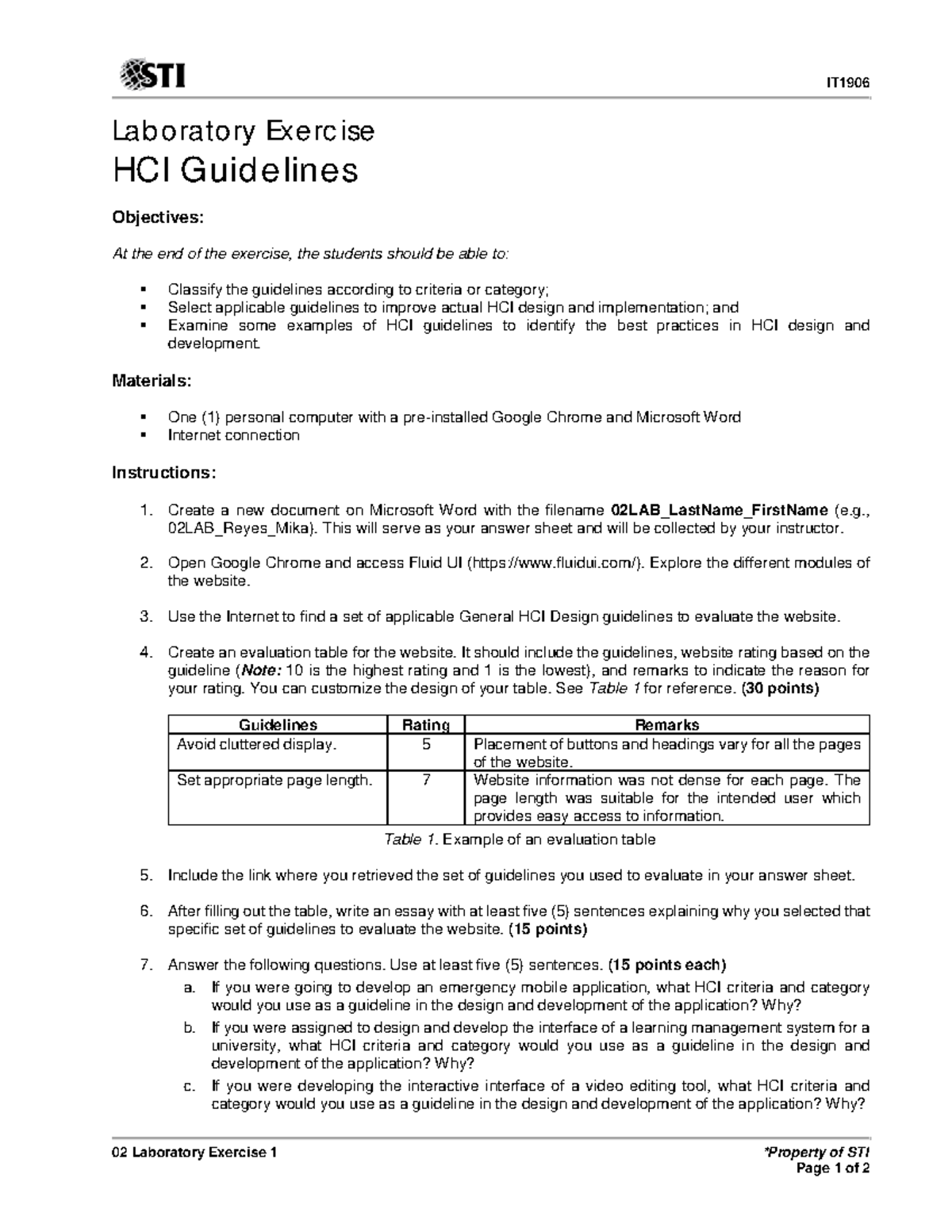 02 Laboratory Exercise 1 - IT 02 Laboratory Exercise 1 *Property of STI Page 1 of 2 La b ora ...