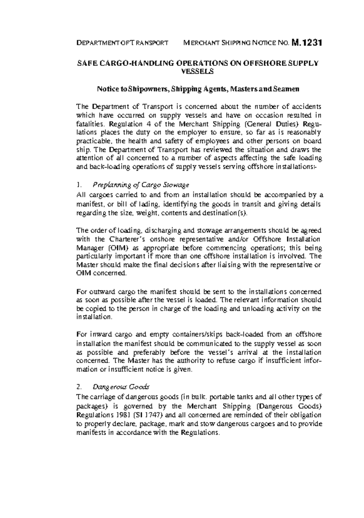 SAFE Cargo - DEPARTMENT OF TRANSPORT MERCHANT SHIPPING NOTICE NO. M ...