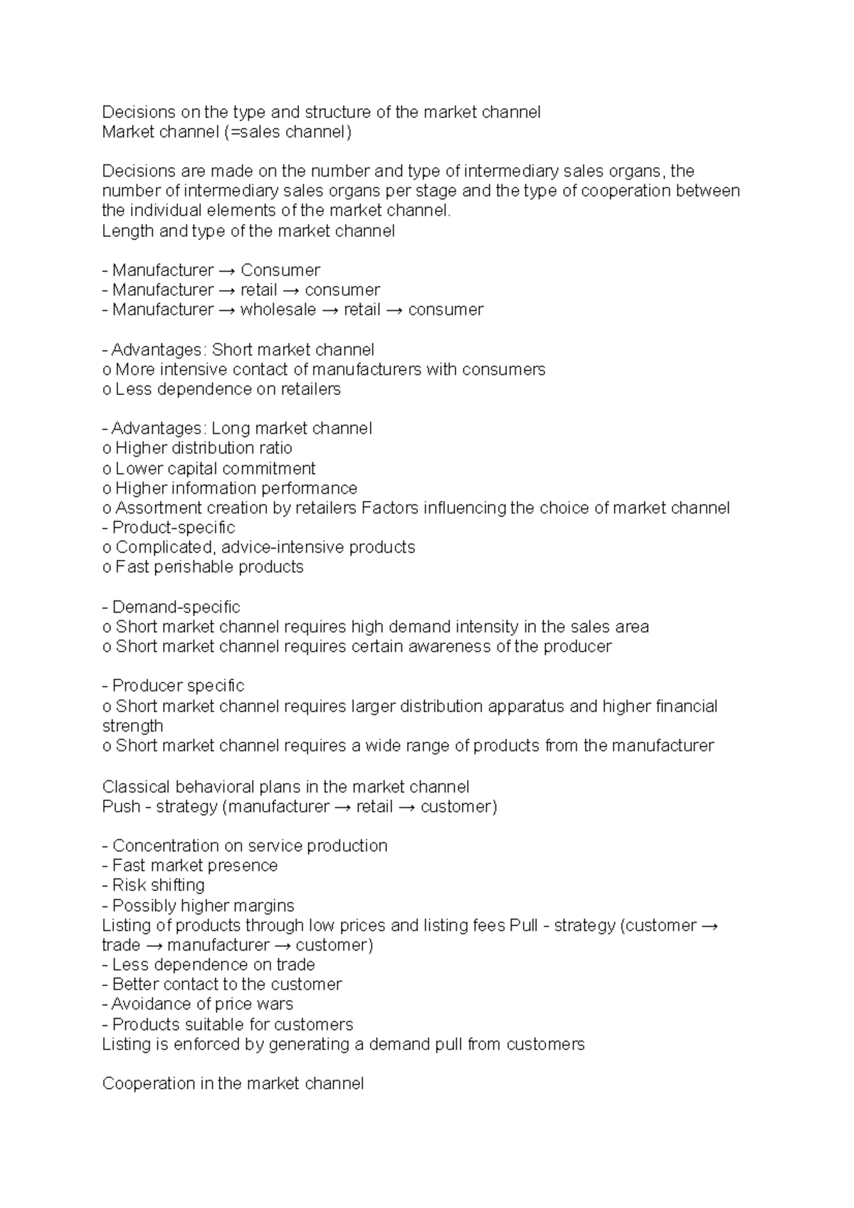 Decisions on the type and structure of the market channel - Length and ...