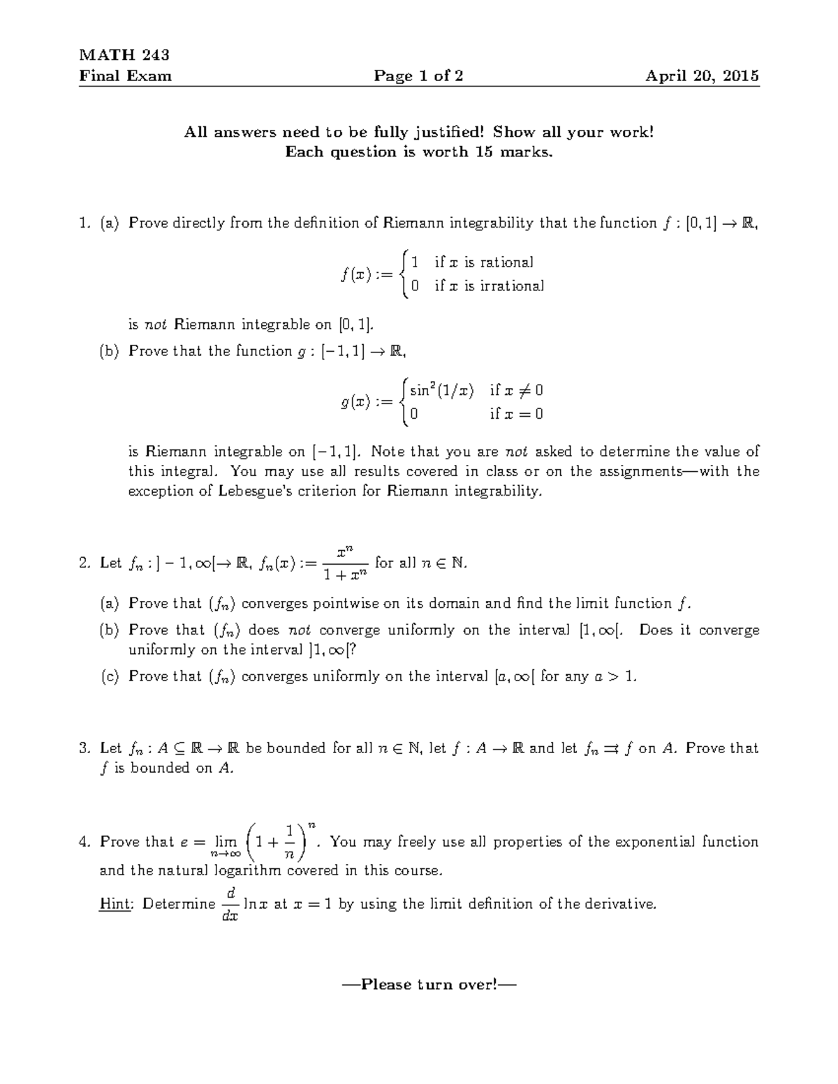 Exam 2015 Questions Analysis 2 MATH 243 Final Exam Page 1 Of 2 exam-2015-questions-analysis-2-math-243-final-exam-page-1-of-2