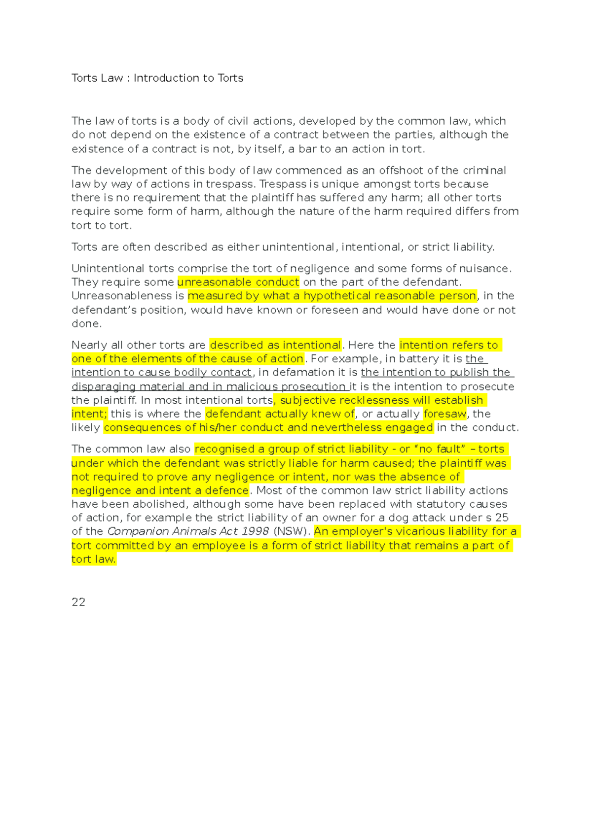 Introduction to Torts Law W1A - Torts Law : Introduction to Torts The ...