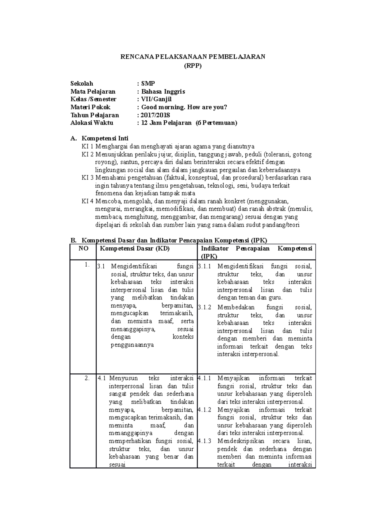 Bahasa Inggris kelas 7 RPP 1 - RENCANA PELAKSANAAN PEMBELAJARAN (RPP ...
