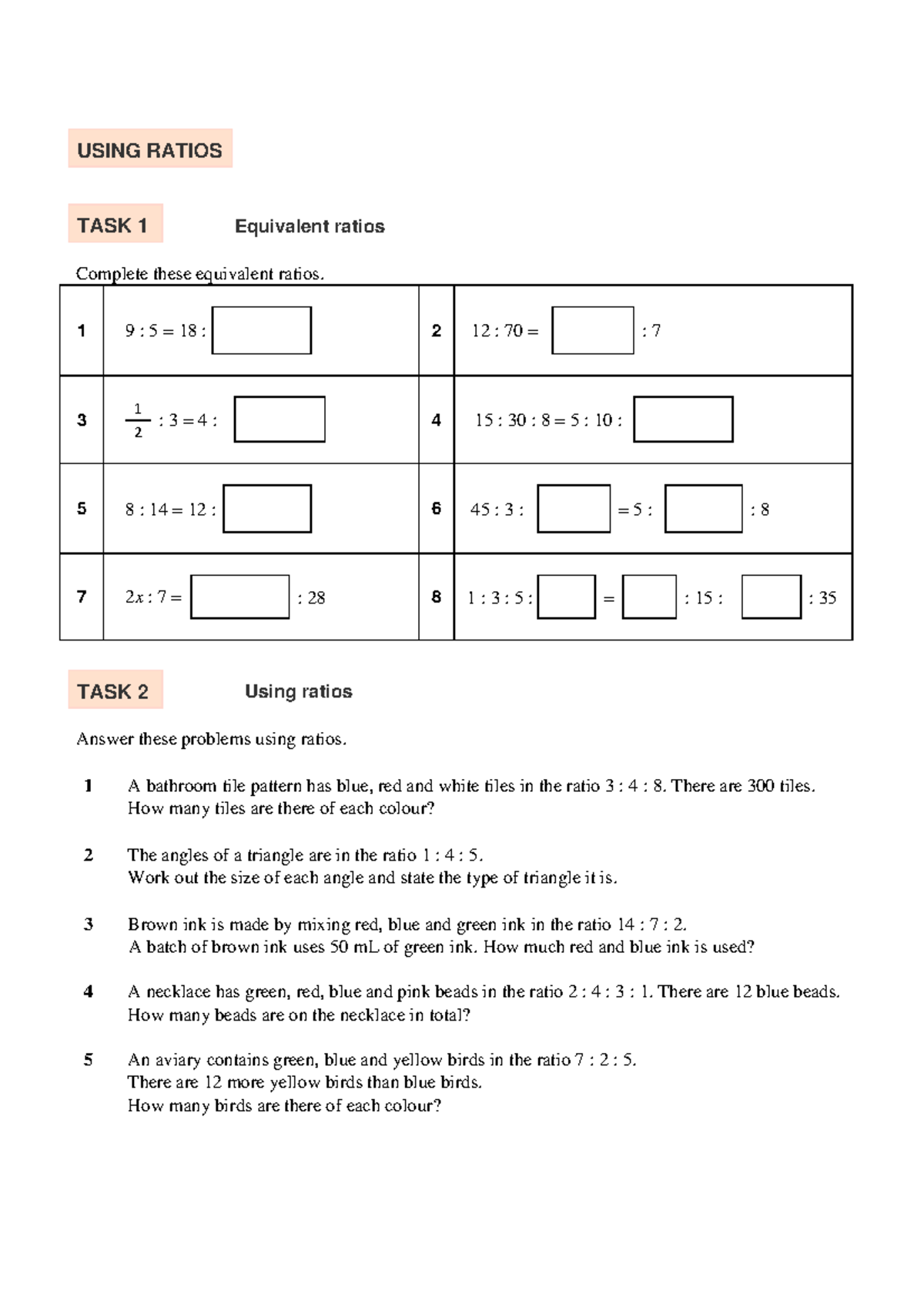 Using-ratios - test - Equivalent ratios Complete these equivalent ...