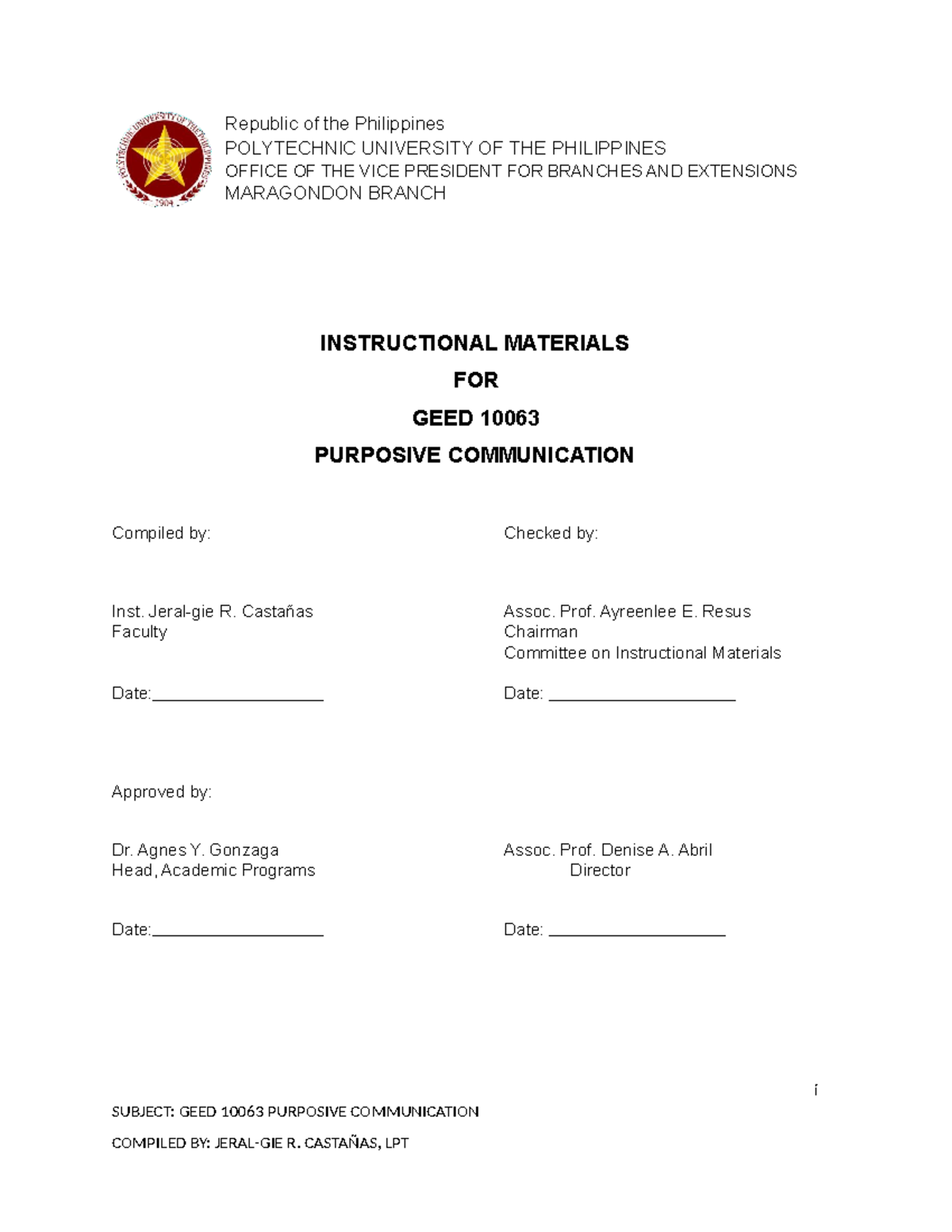 IM in GEED 10063 Purposive Communication - i SUBJECT: GEED 10063 ...