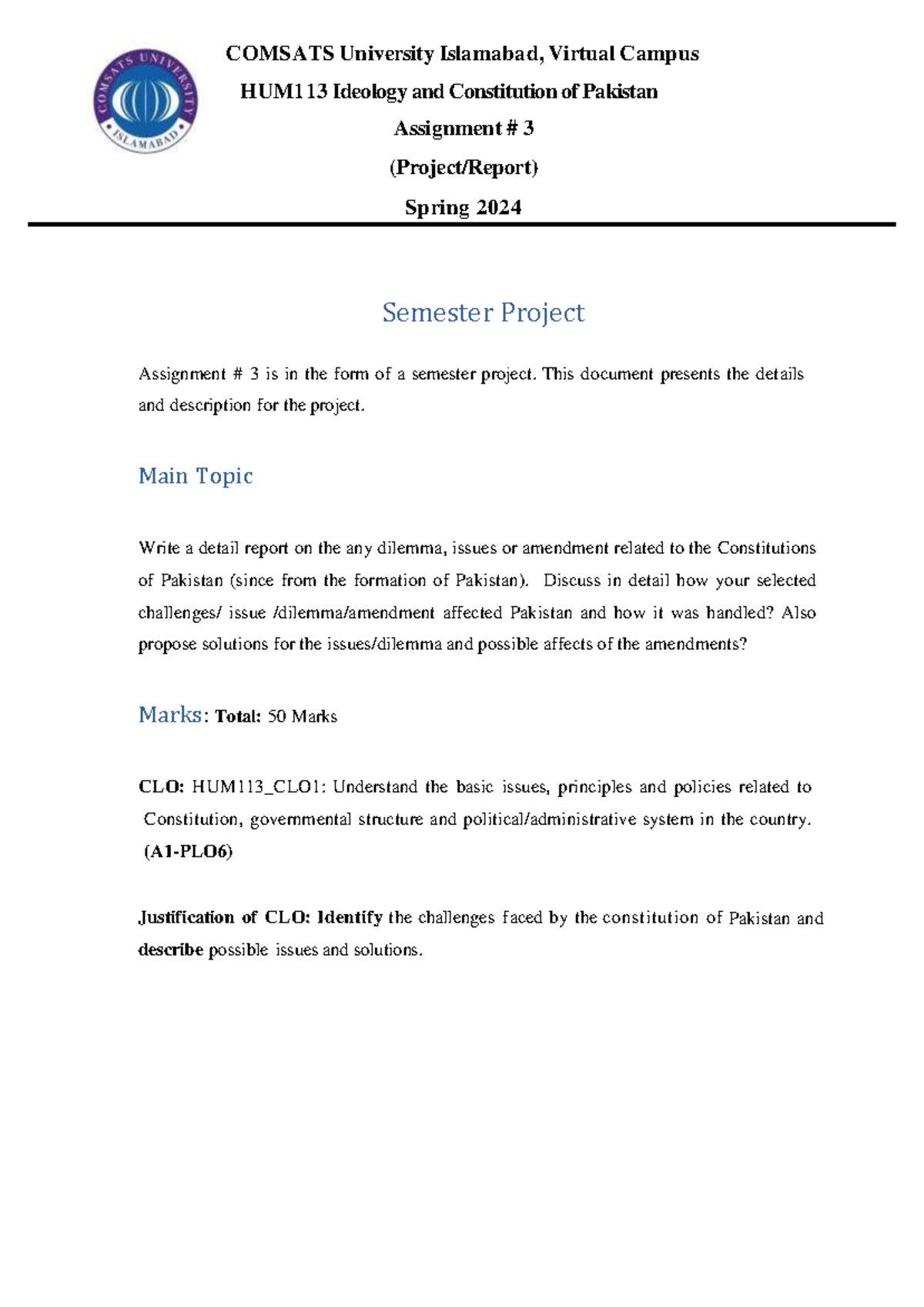 SP24 HUM113 Assignment 3 - Project - COMSATS University Islamabad, Virtual Campus HUM 113 ...