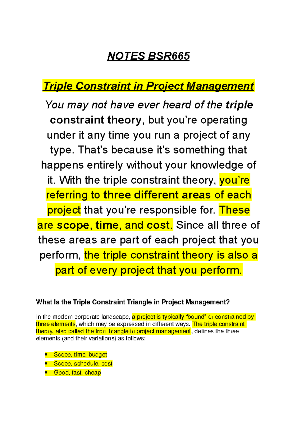 Triple constraint - NOTES BSR Triple Constraint in Project Management ...