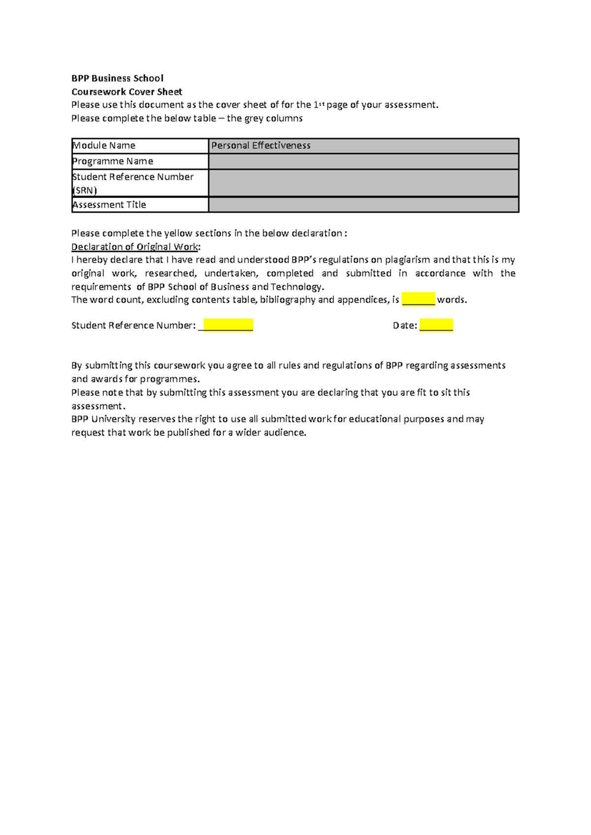 PE Formative Assessment Brief 1 (1) - BPP Business School Coursework Cover Sheet Please use this ...