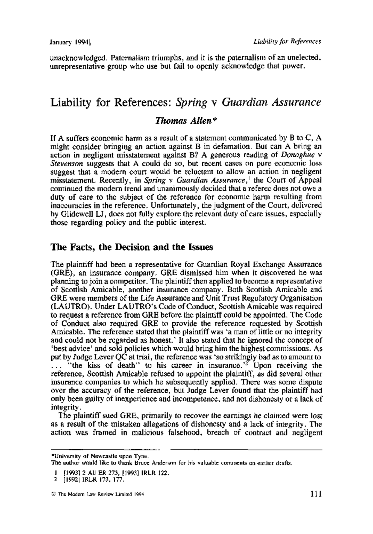 Liability for References Spring v Guardian Assurance - January 19941 ...