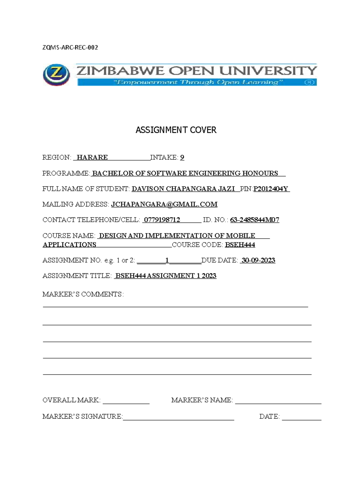 BSEH444 Assignment 1 - THIS IS OOP - ZQMS-ARC-REC- ASSIGNMENT COVER REGION: HARARE INTAKE: 9 ...