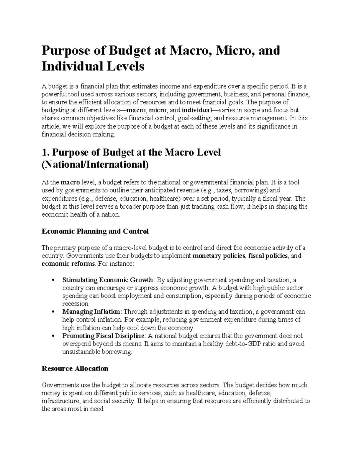 Purpose of Budget at Macro, micro and individual level - Purpose of ...
