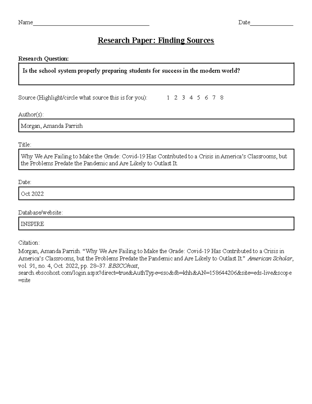 (7) E10 Research Paper Finding Sources Form - Name