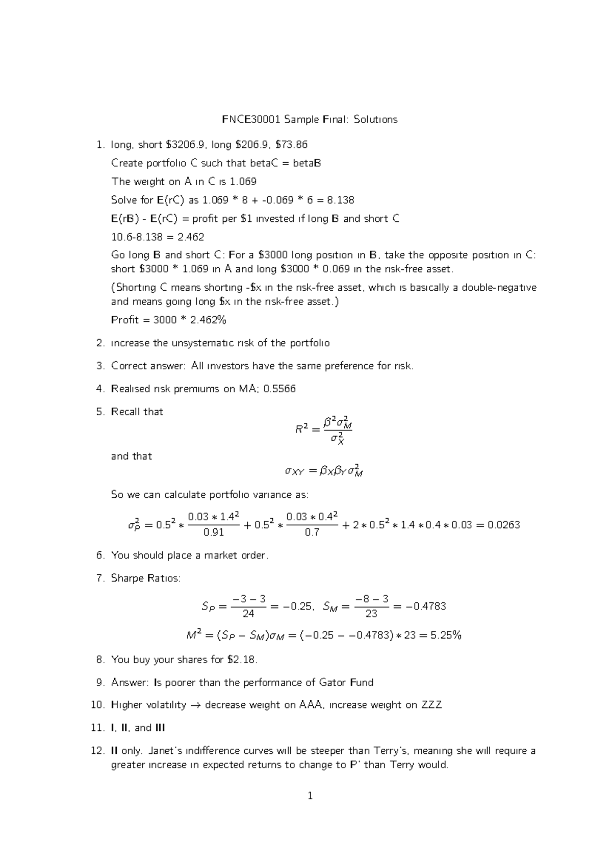 Samplefinal solutions - FNCE30001 Sample Final: Solutions long, short ...