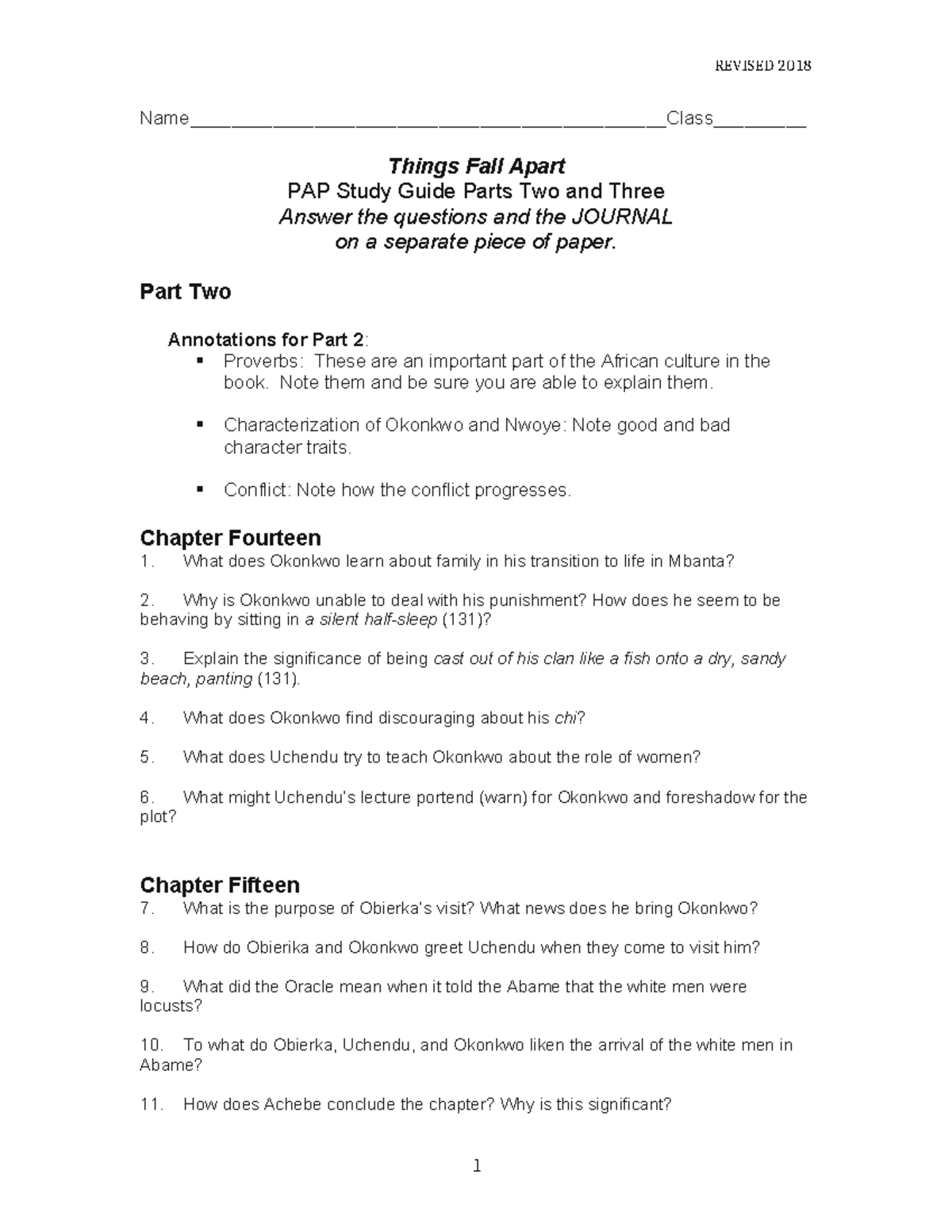 Things Fall Apart Study Guide Parts 2 and 3 - - Studocu