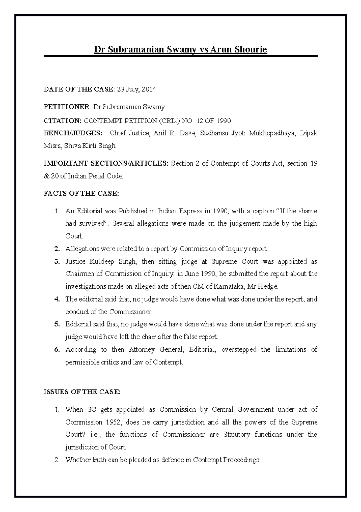 Internship task 2 - contempt of court case law - Dr Subramanian Swamy ...