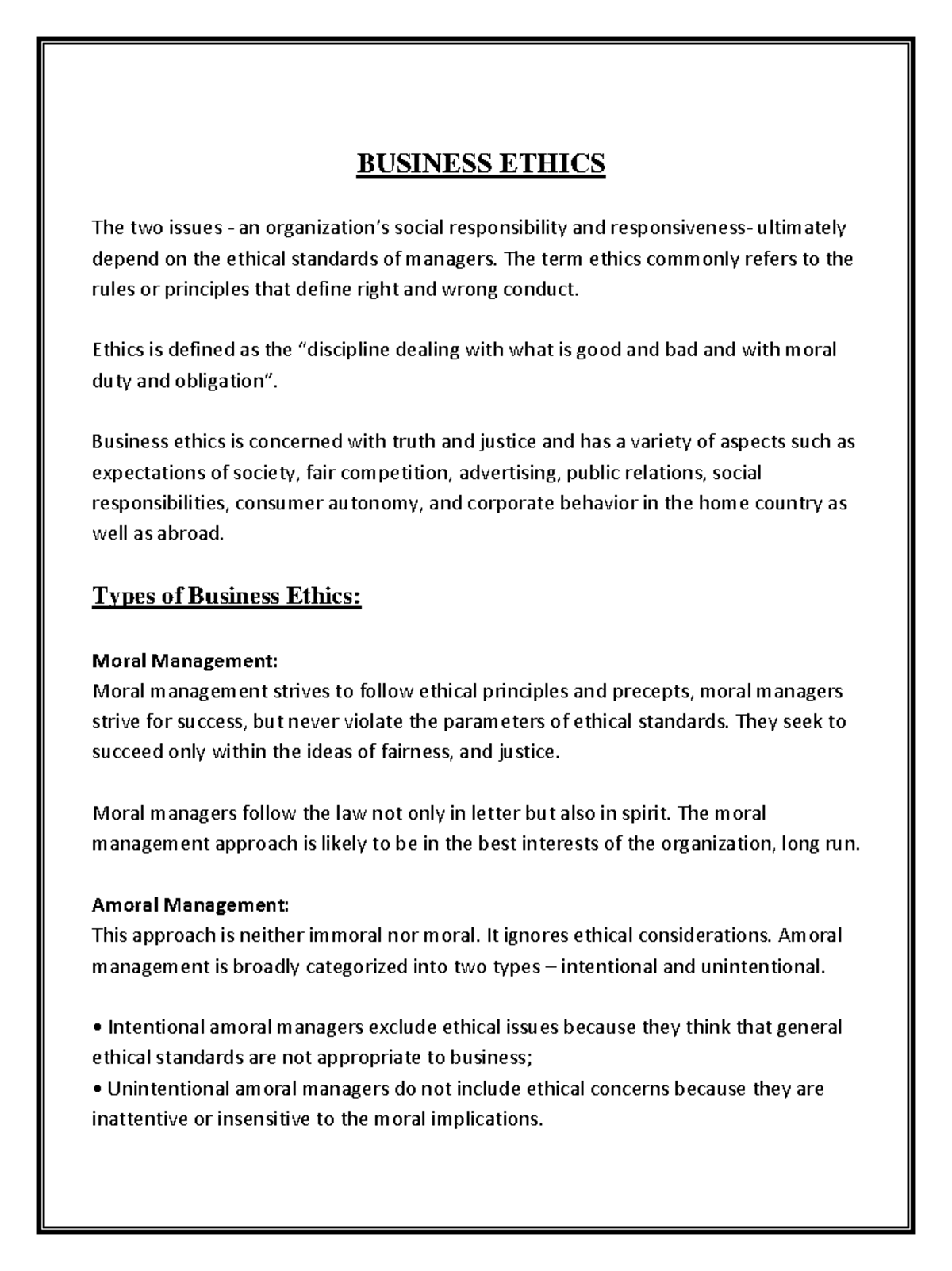 Overview of Business Ethics - BUSINESS ETHICS The two issues - an ...